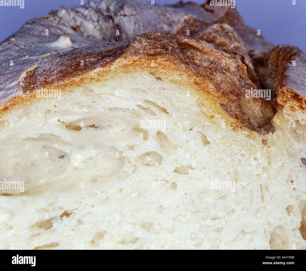 Closeup of a loaf of baked bread cut sliced open with crust visible top ...