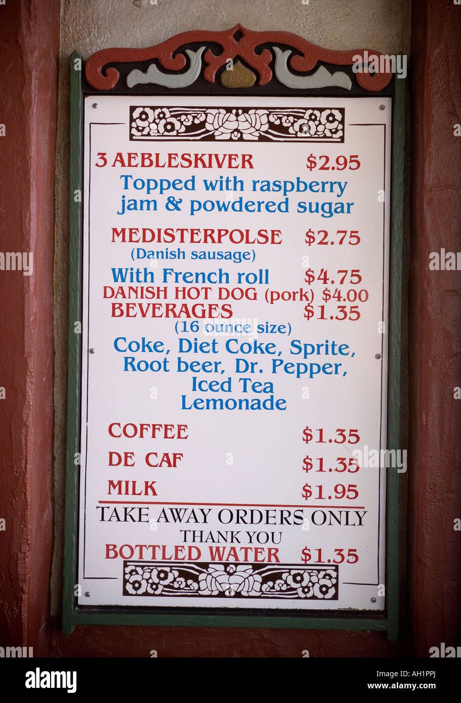 Restaurant Menu Danish Town of Solvang Stock Photo - Alamy