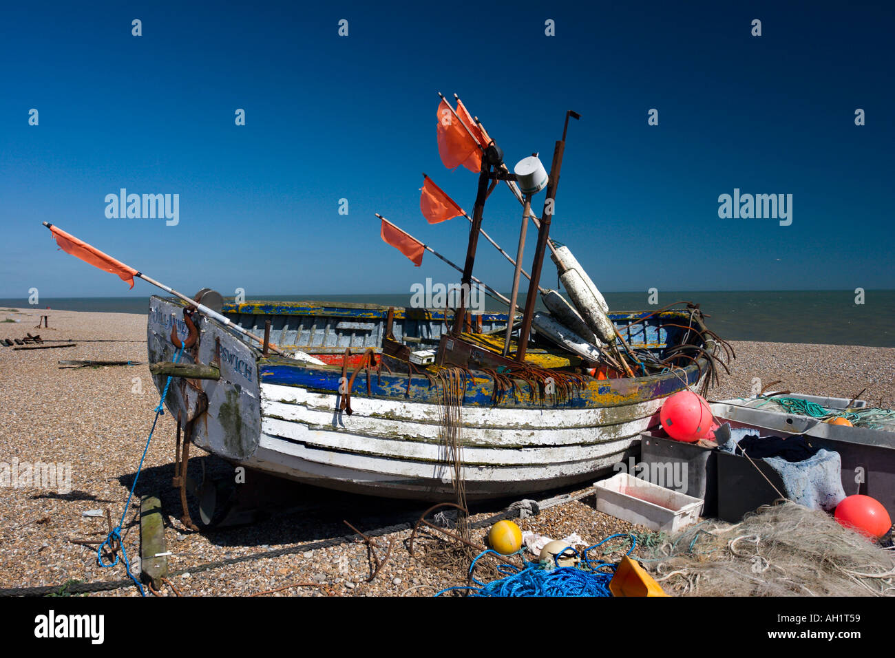 Quaint old fishing boats on the beach at Aldeburgh in Suffolk Stock ...