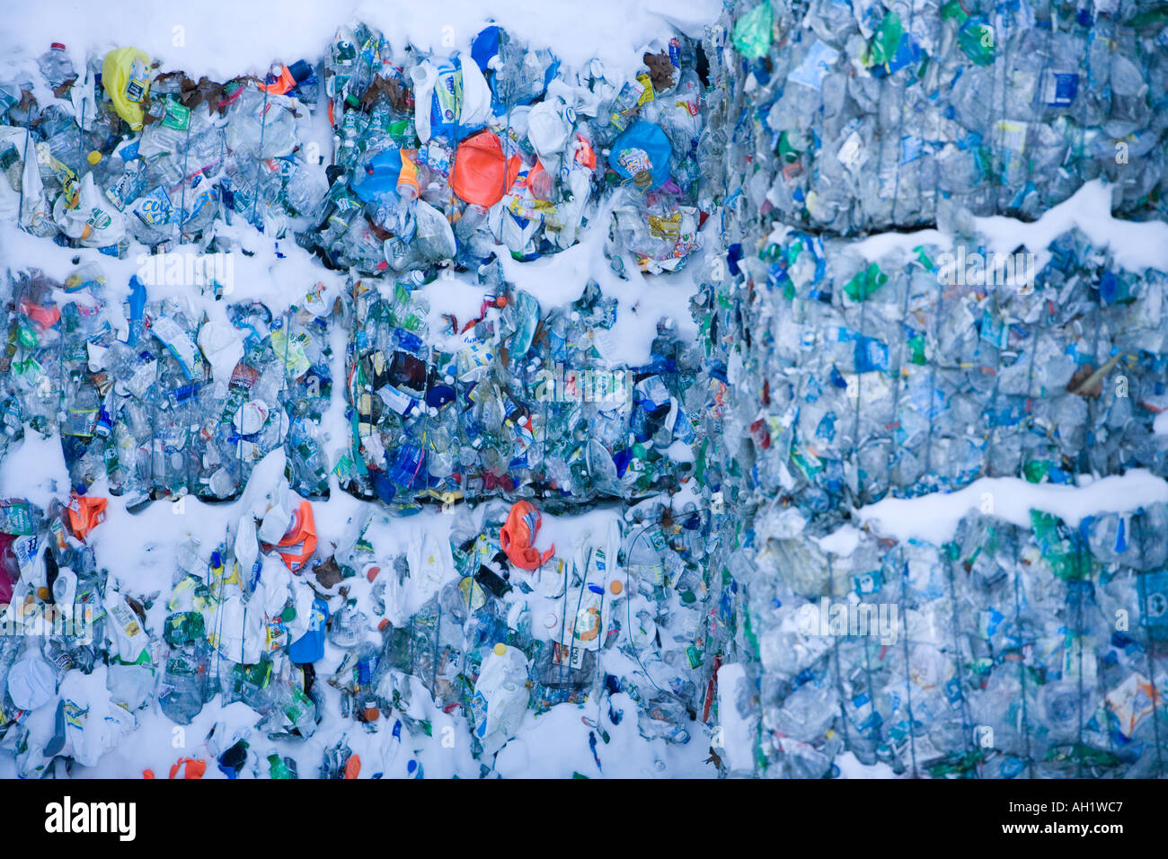 Recycling plastics flattened and crushed covered with snow Stock Photo ...