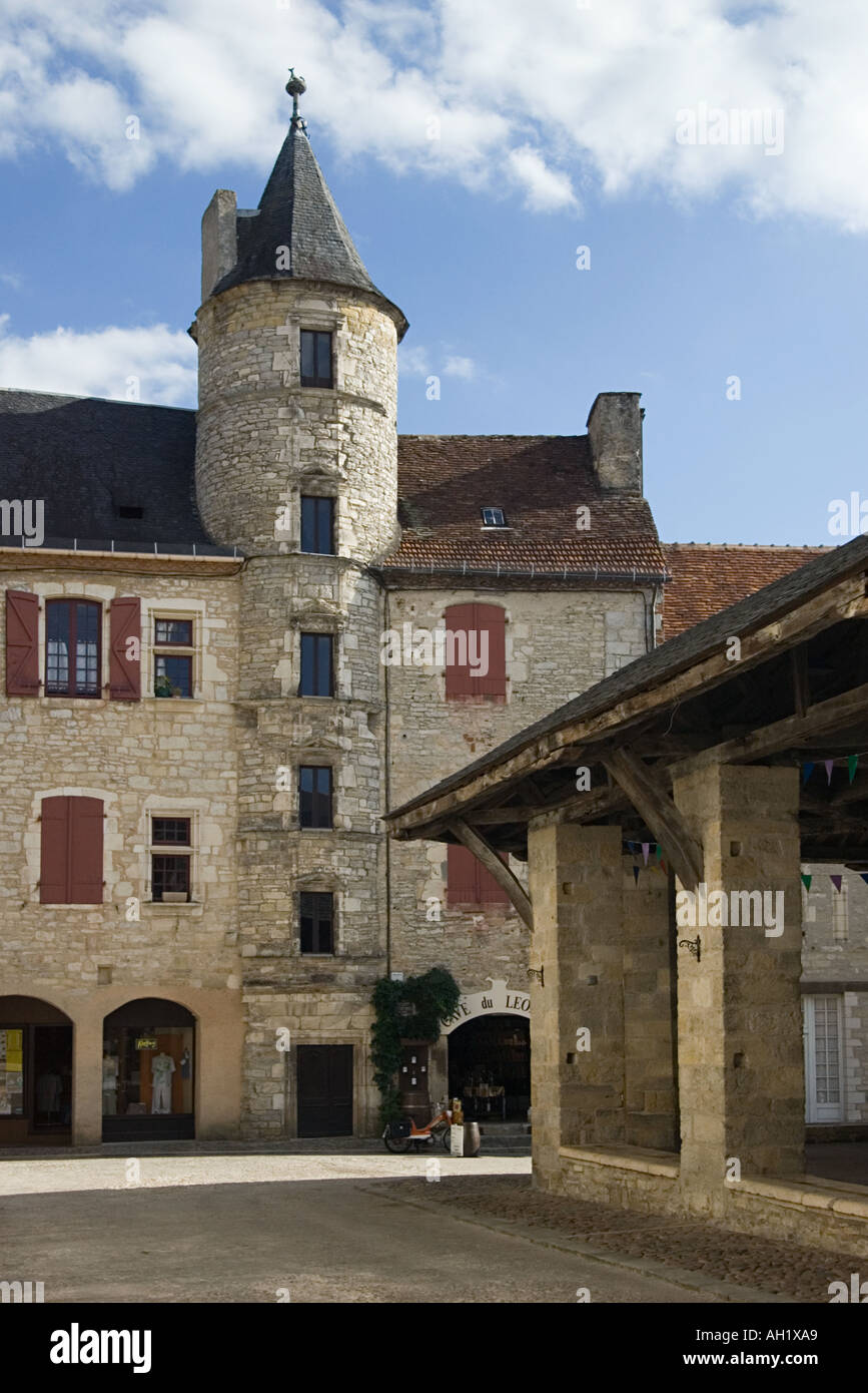 Old buildings with tower and part of medieval market hall in Martel Lot ...