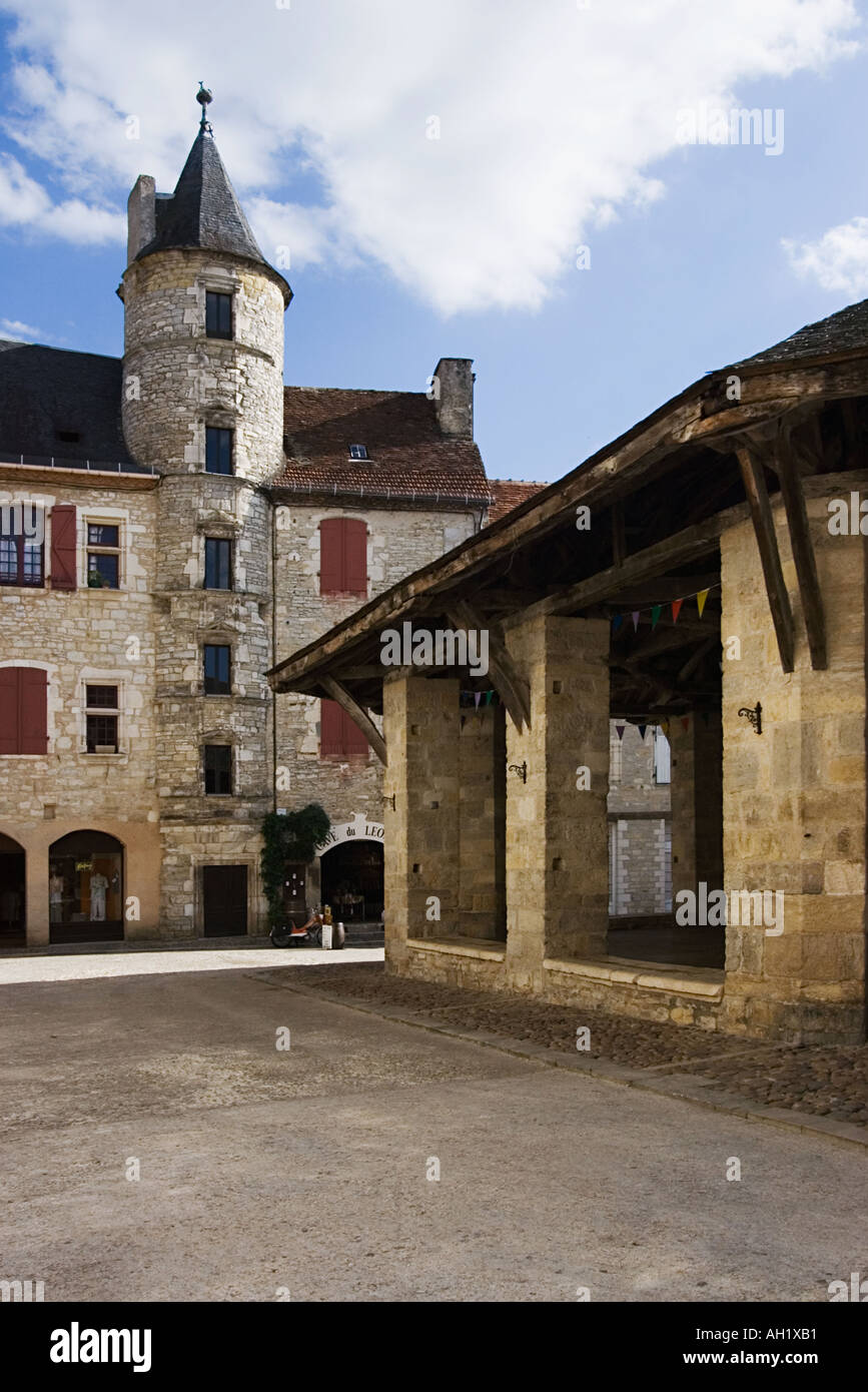 Old buildings with tower and part of medieval market hall in Martel Lot ...