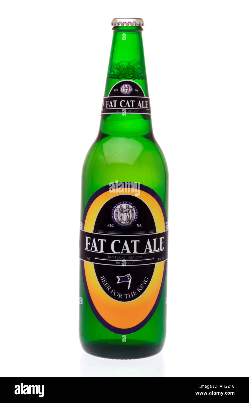 A green bottle of ale with studio produced label silhouetted on white ...