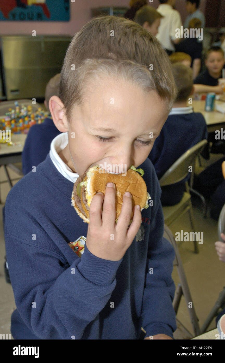 Boy student eat eating hamburger sandwich lunch school cafeteria hi-res ...
