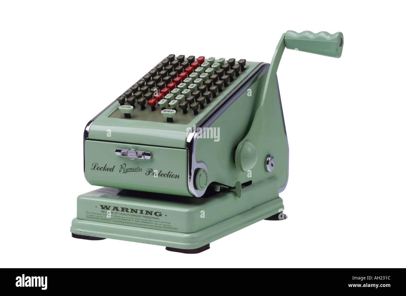 vintage paycheck writing machine silhouetted on white background Stock ...