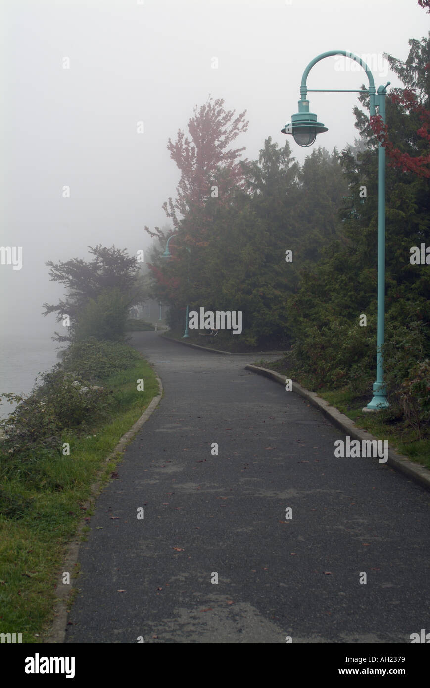 Harbourside walkway in thick fog Nanaimo Harbour Vancouver Island ...