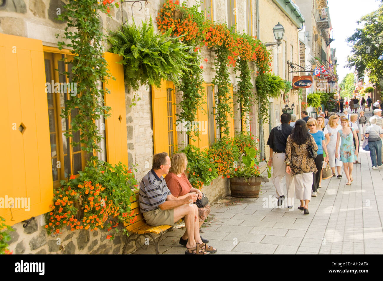 Canada Quebec Old Quebec City Tourists walking and sitting on a park ...