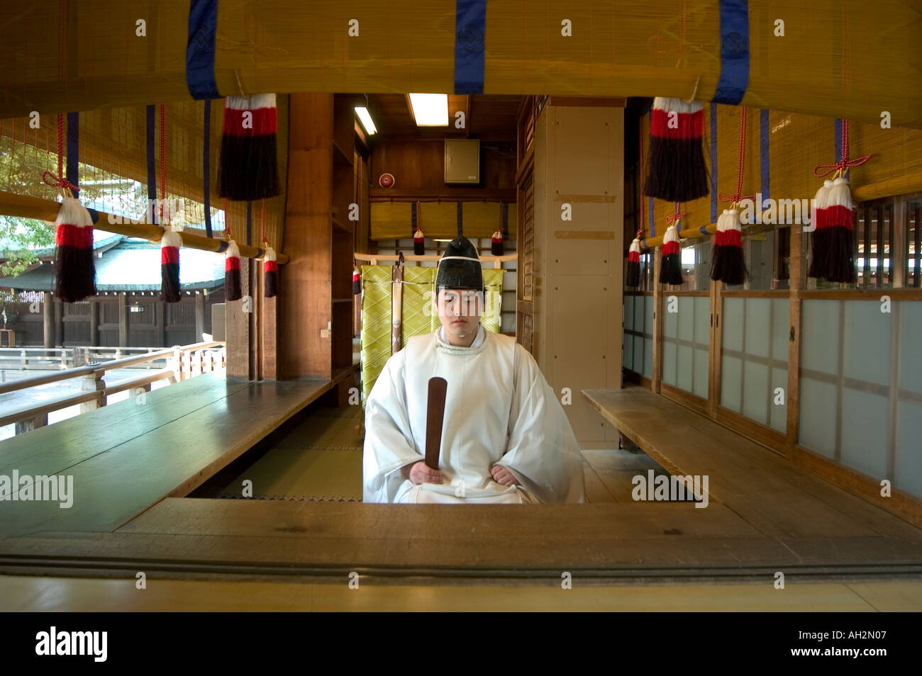 shrine priest giant wooden tori gate Meiji Jingu shrine Tokyo City ...