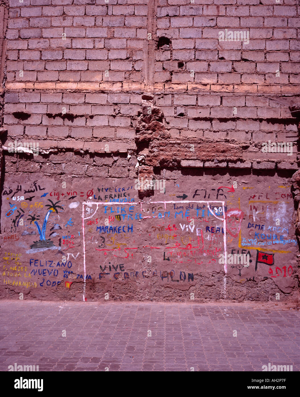 Football goal posts painted on a wall in the medina Marrakech Morocco ...