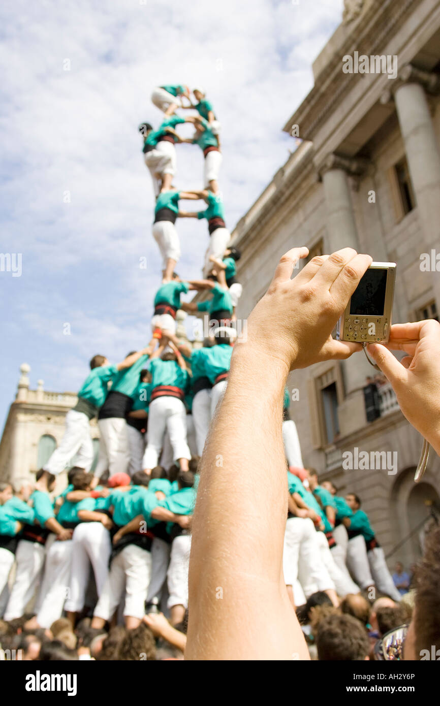 Castellers building a human tower in Barcelona, Catalunya, Spain Stock ...