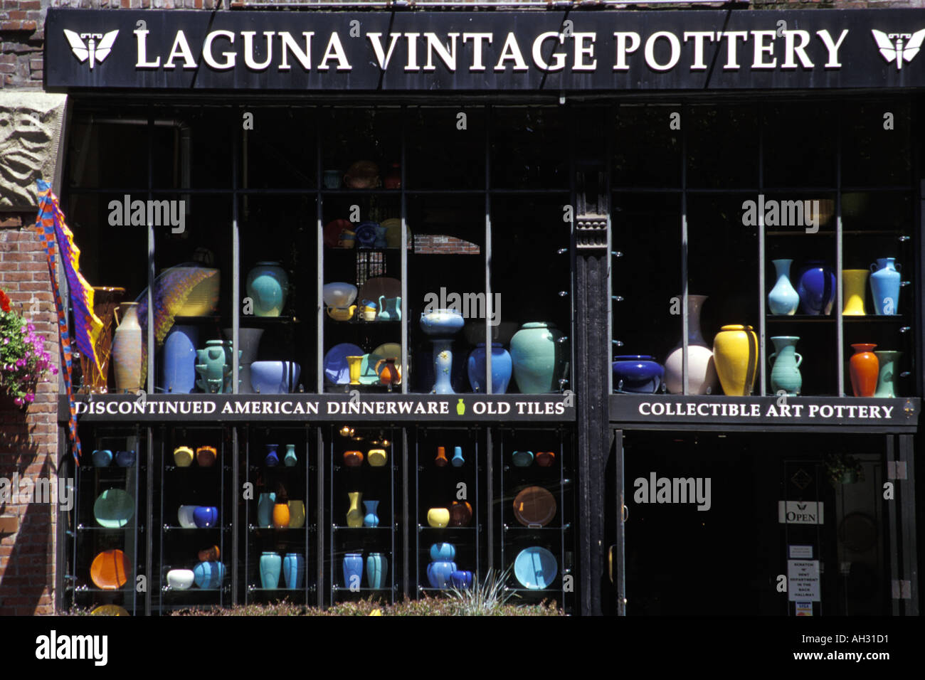 Glass pots in window of Laguna Vintage Pottery Seattle Washington Stock ...