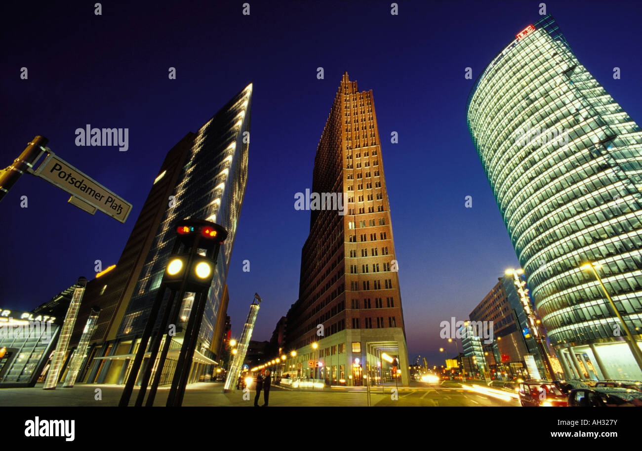 Berlin. Potsdamer Platz by night. Skyskrapers. High Buildings. Road ...
