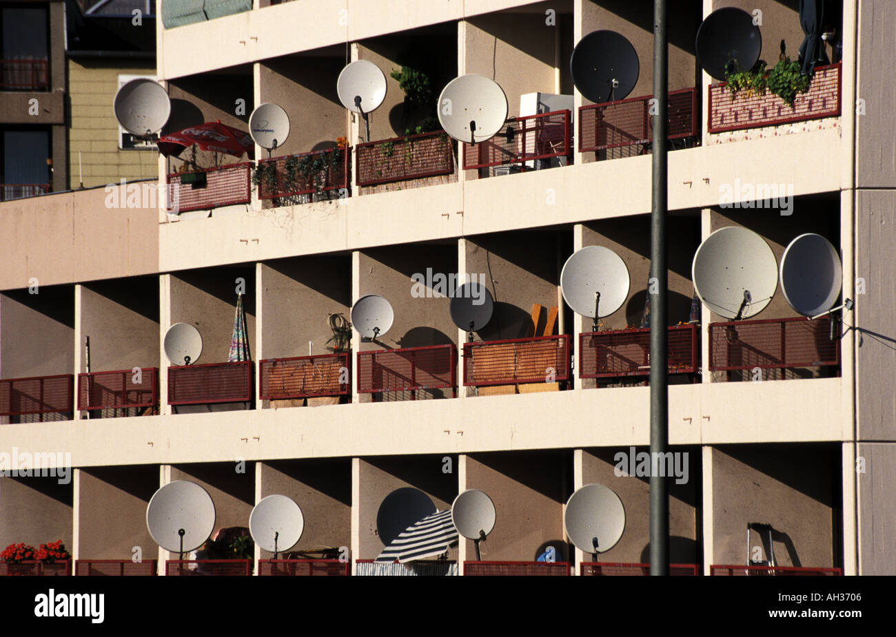 Germany Berlin a clutter of satellite dishes mounted on balconies Stock ...
