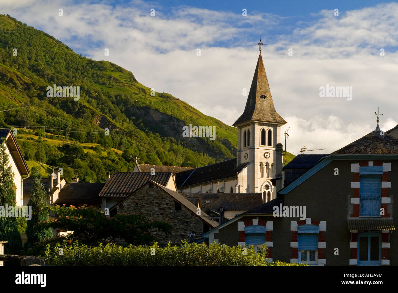 View of the church and town centre at Laruns in the Parc National des ...