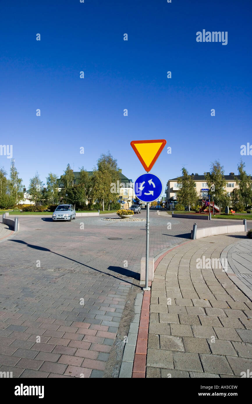 compulsory roundabout traffic sign Haparanda Sweden Stock Photo - Alamy