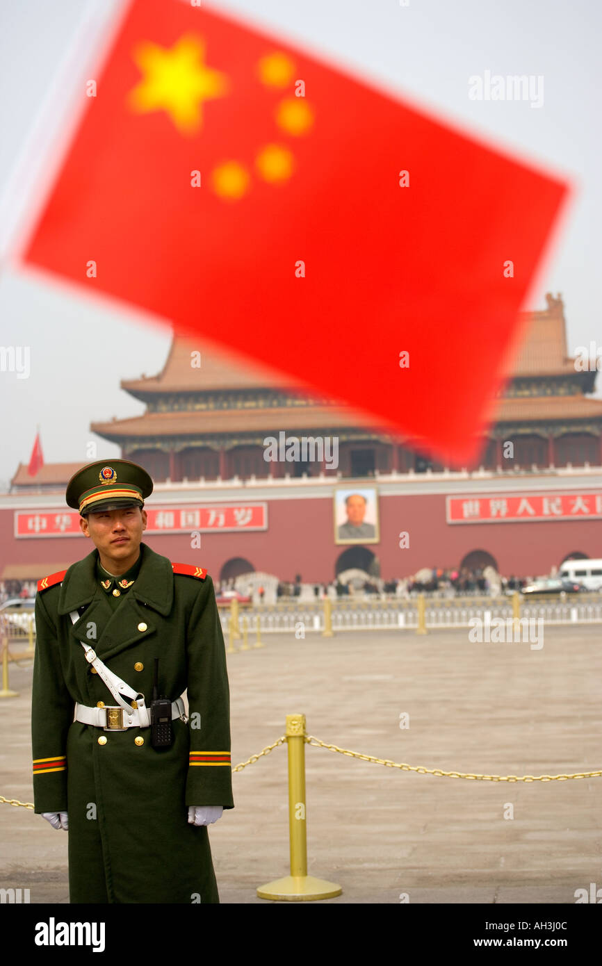 Tiananmen Gate Beijing China Guard and Flag Stock Photo - Alamy