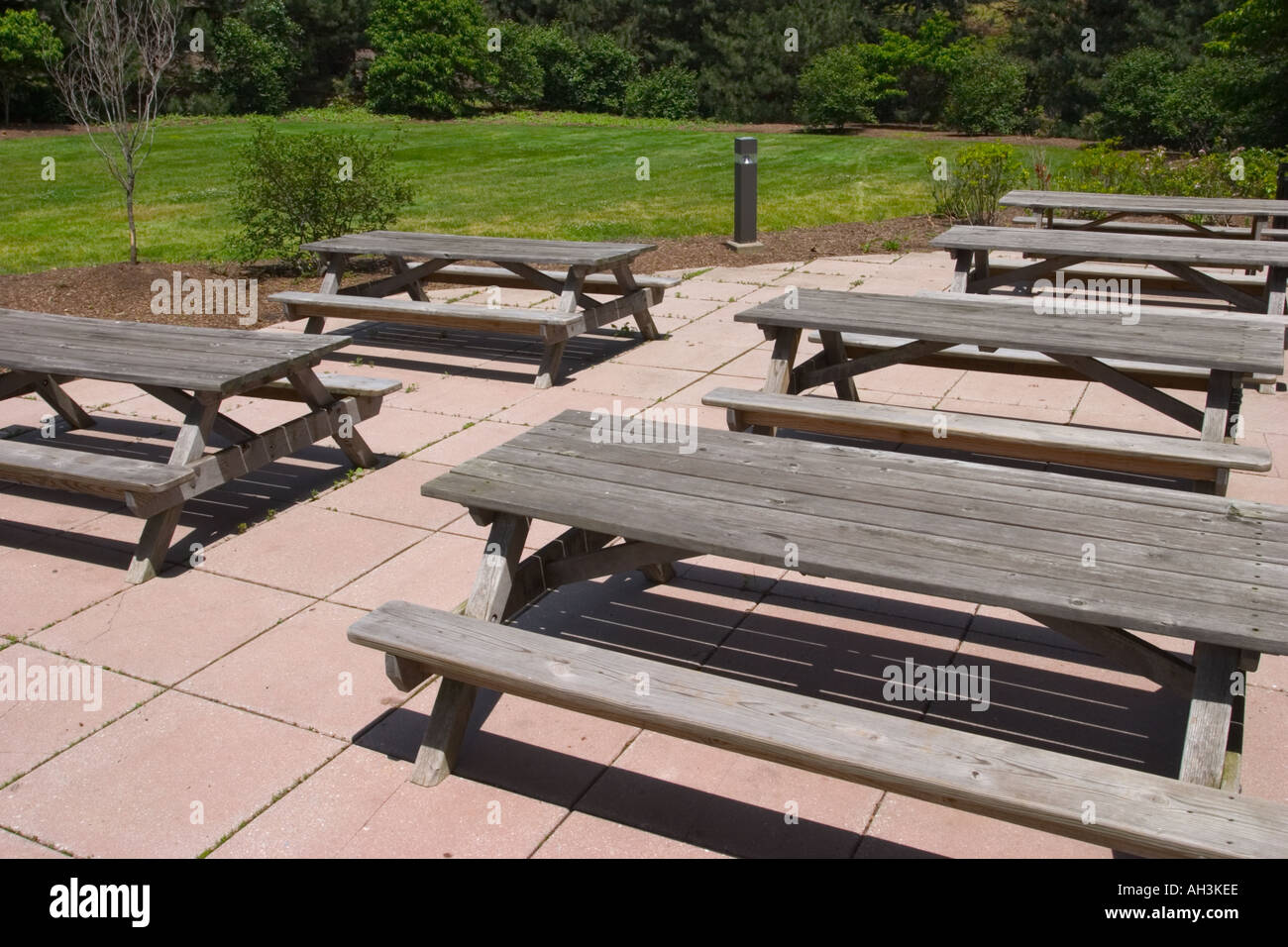 Empty picnic tables Stock Photo - Alamy