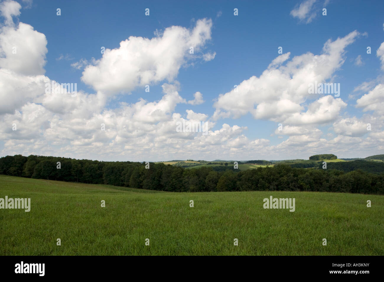 PUFFY WHITE CLOUDS OVER GREEN RURAL LANDSCAPE Stock Photo - Alamy