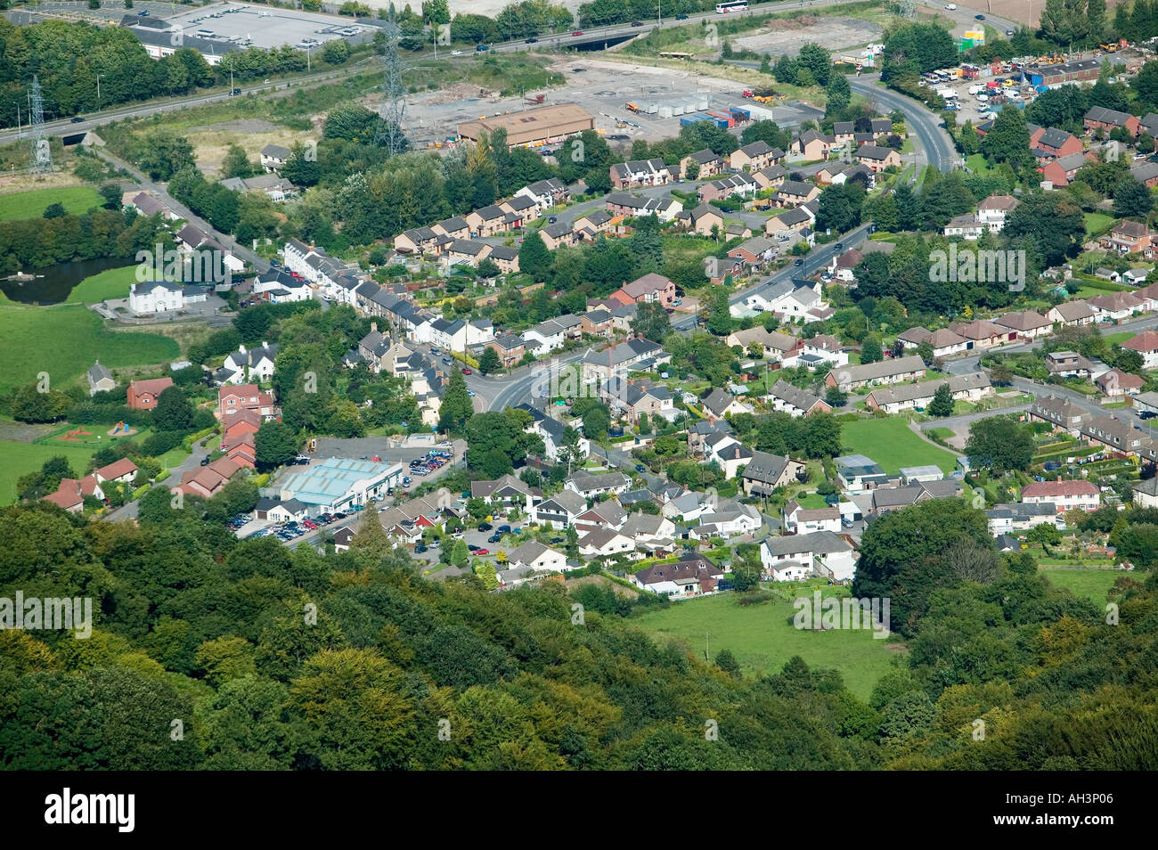 Aerial view of Llanfoist village near Abergavenny with pylons and the ...