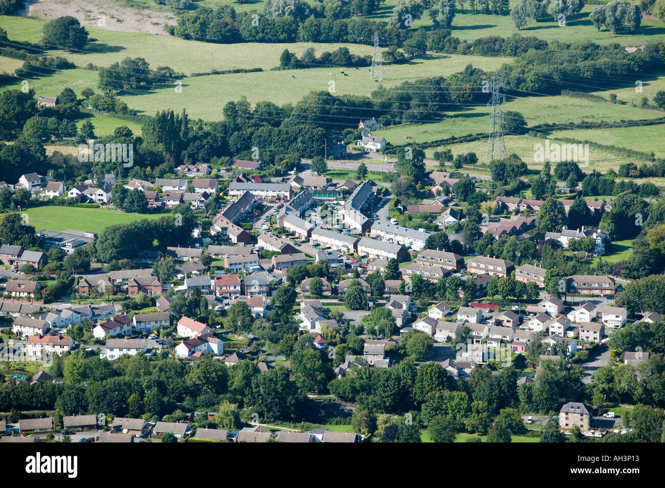 Govilon aerial view with nearby pylons Wales UK Stock Photo - Alamy