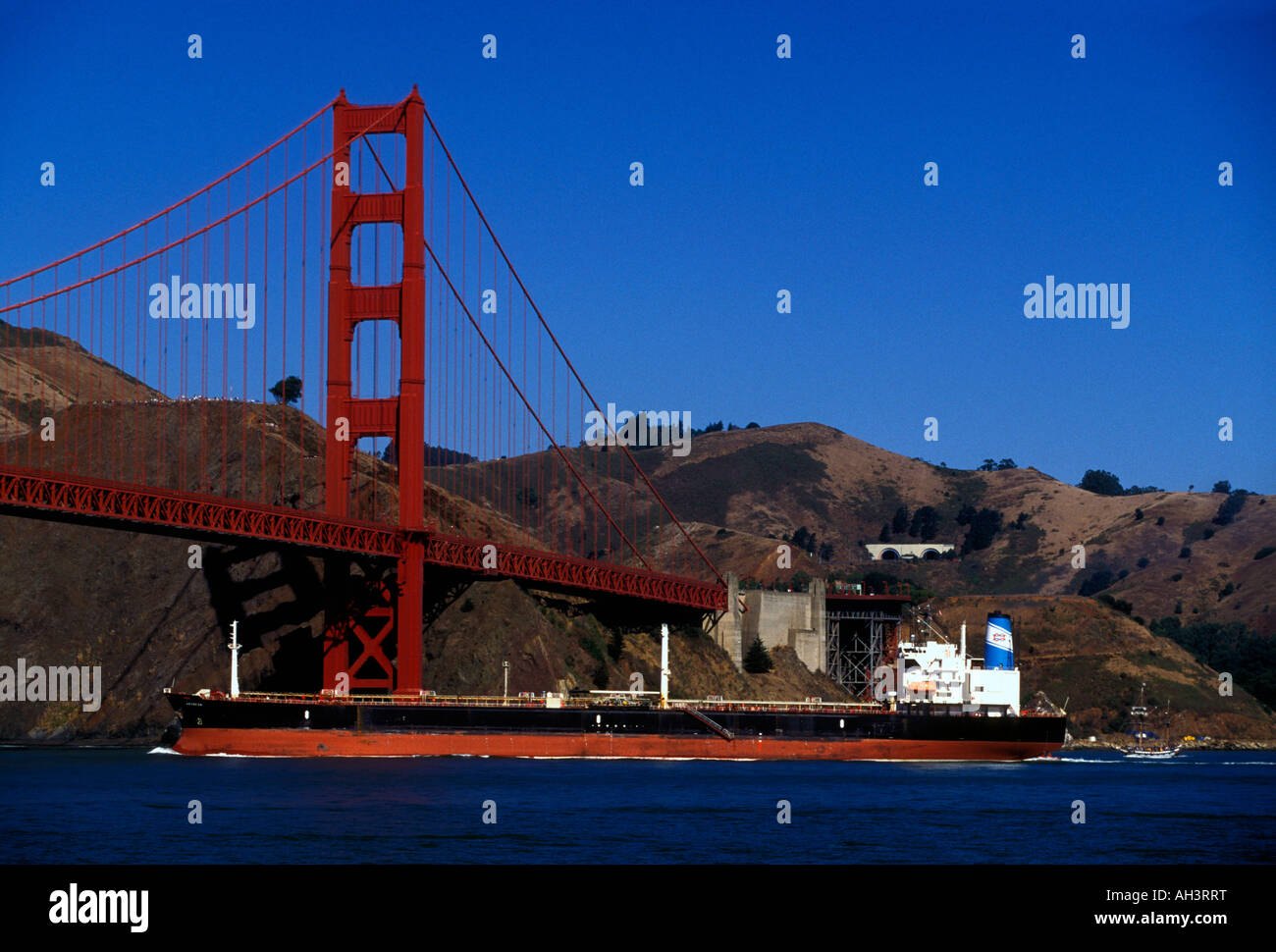 container ship, cargo ship, shipping lane, Golden Gate Bridge, viewed ...