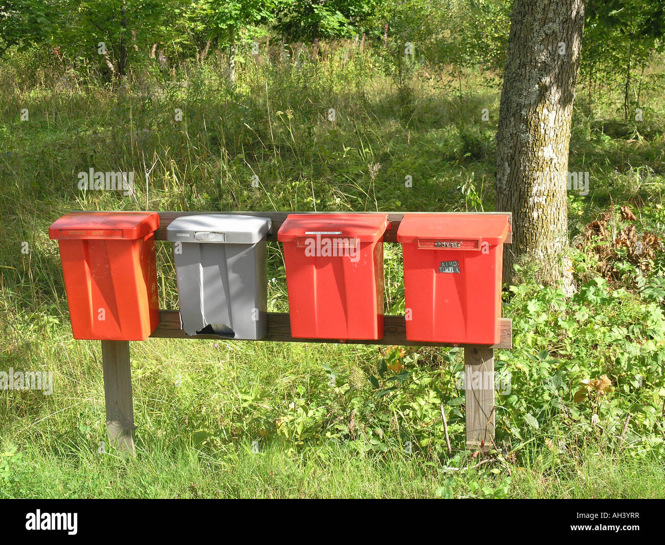 Series of red letter boxes on cuntryside highway Finland Scandinavia ...