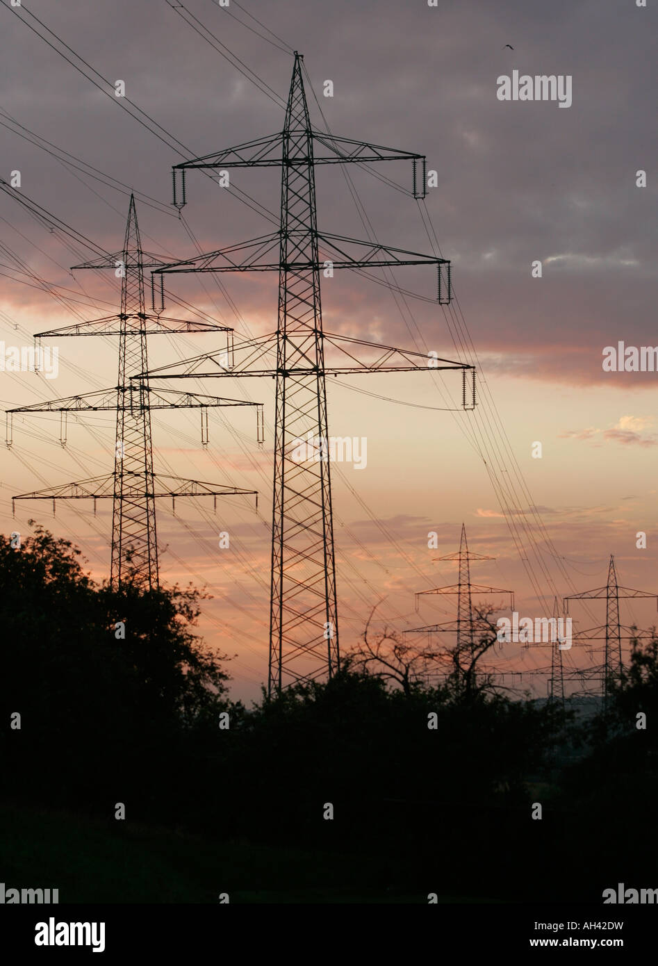 Electric power lines at sunset Stock Photo - Alamy