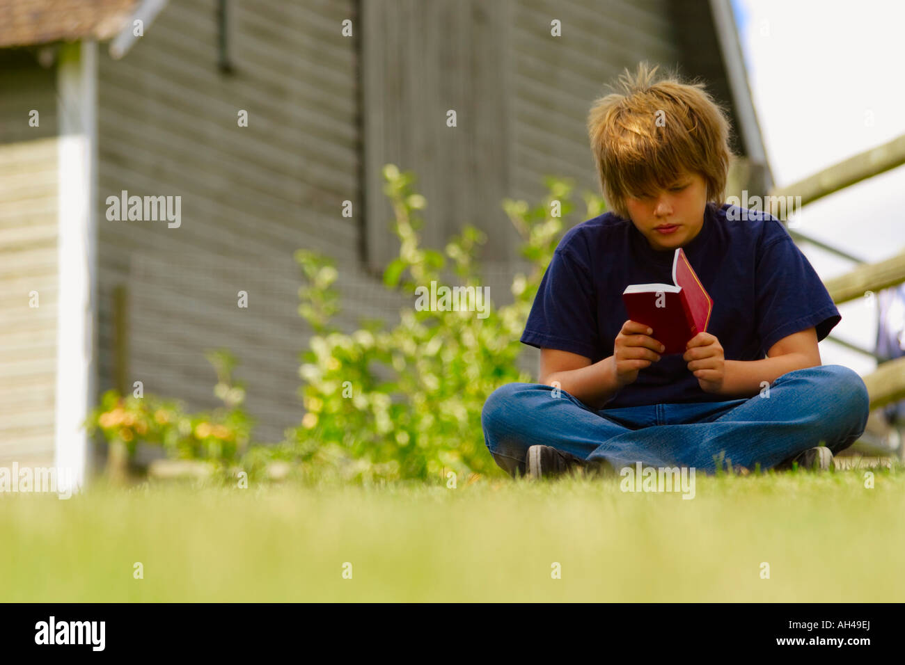 Boy reading a book outside Stock Photo - Alamy