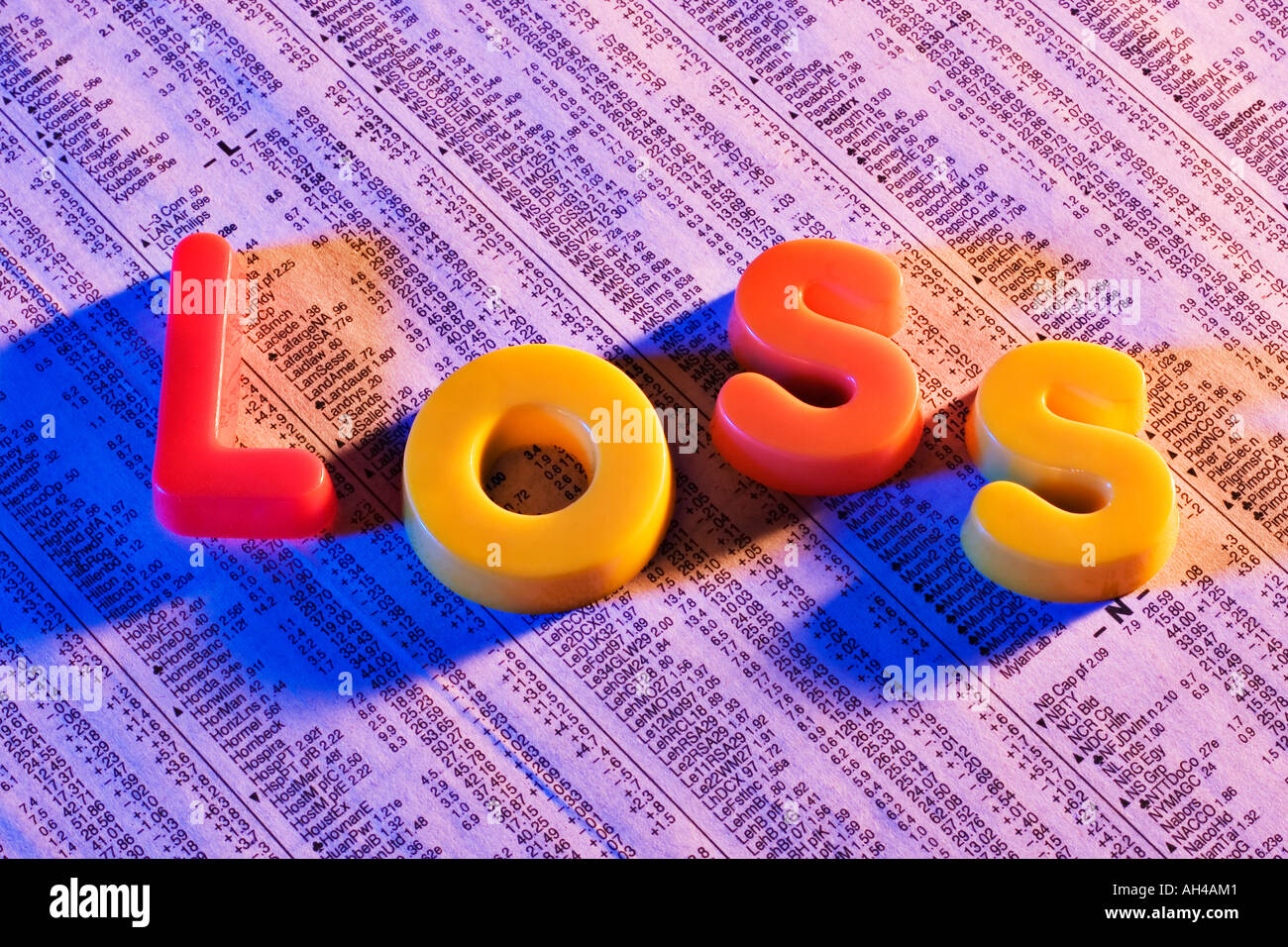 Toy Letters on stock report spelling out "loss Stock Photo - Alamy