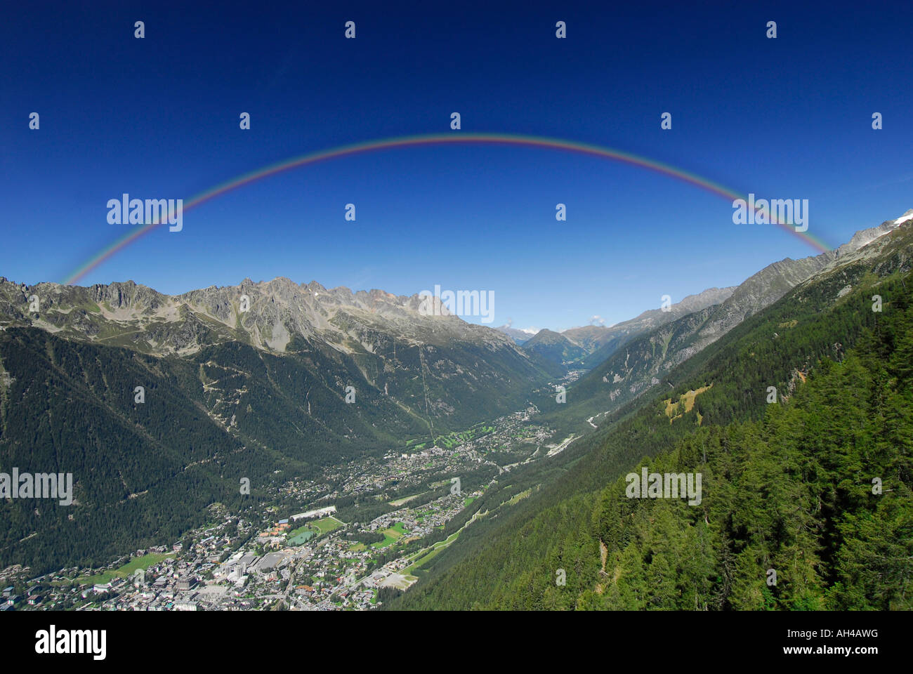 Chamonix Mont Blanc town with a terrific rainbow view from a peak Stock ...