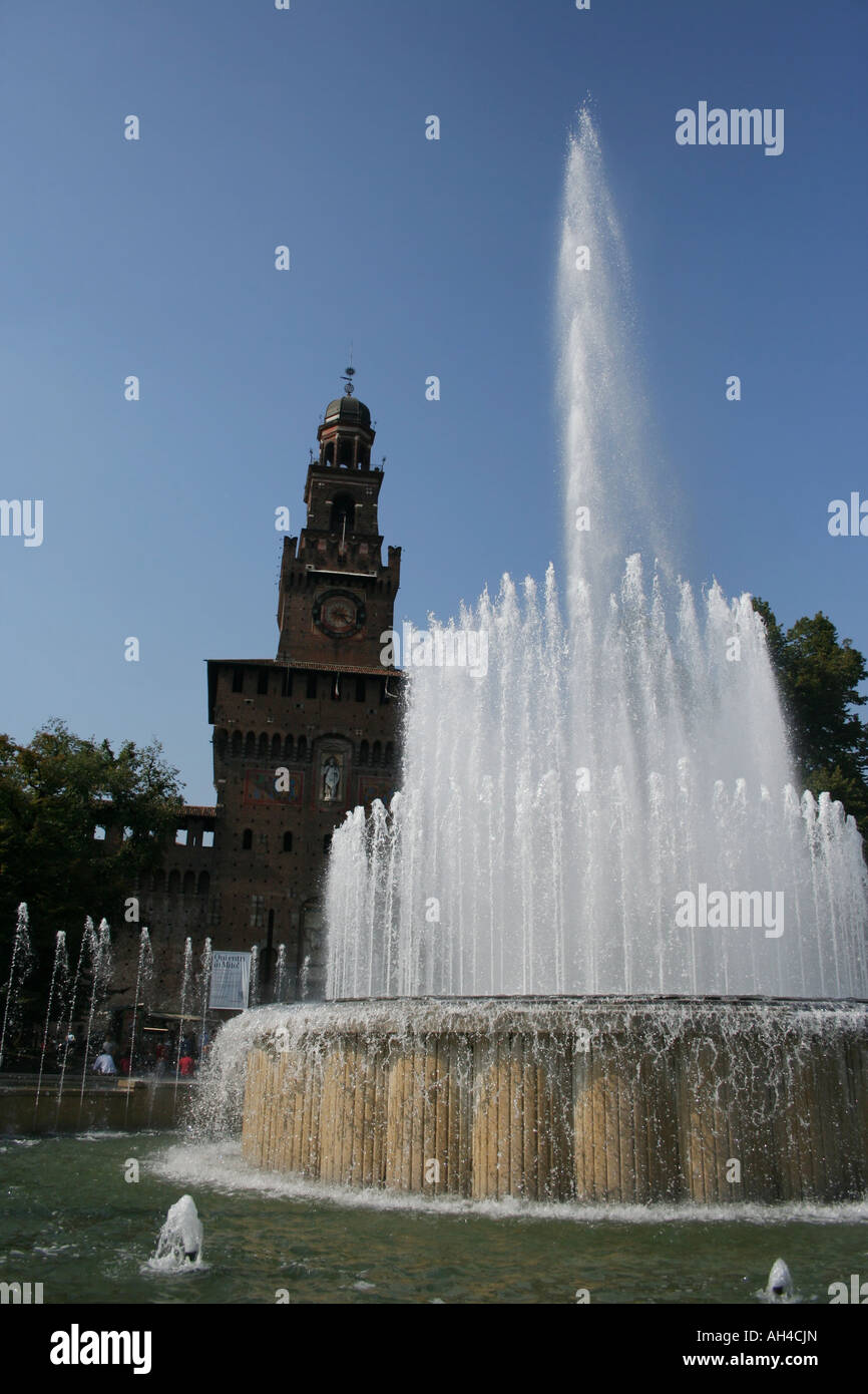 fountain and filarete tower of Castello Sforzesco Milan Italy September ...