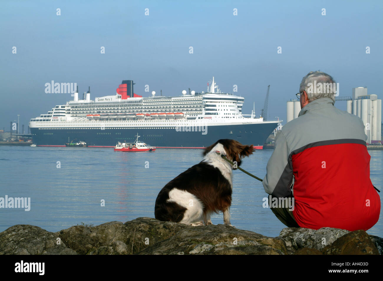 Queen Mary 2 Southampton Water with Man His Dog Called Skipper Watching ...