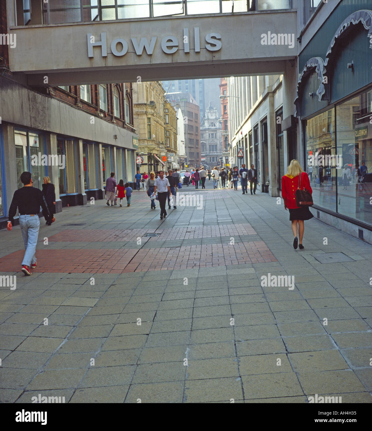 Pedestrianised shopping street Howells department store Cardiff south ...