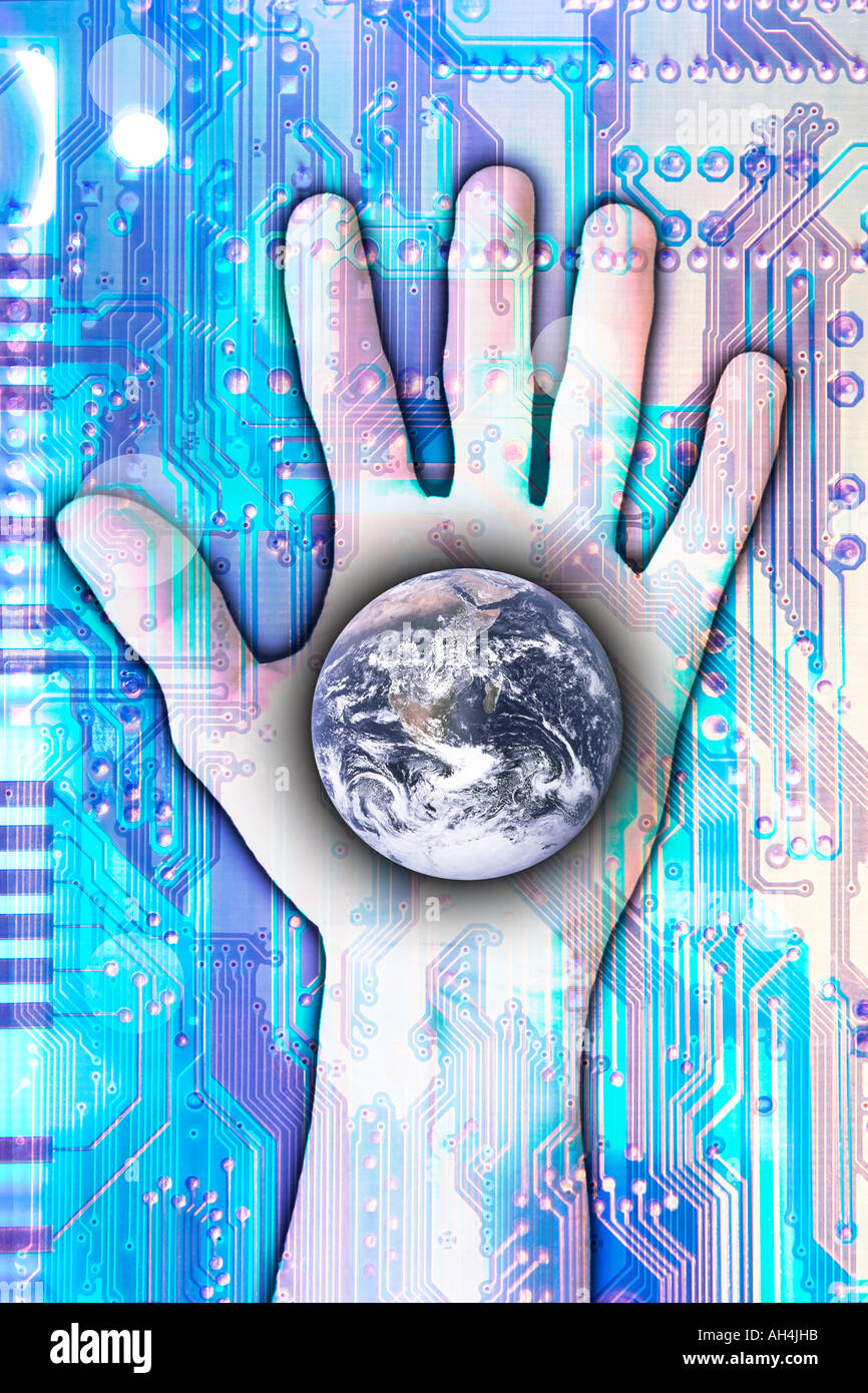 Photo-illustration / composite of a hand, earth and circuit board Stock ...