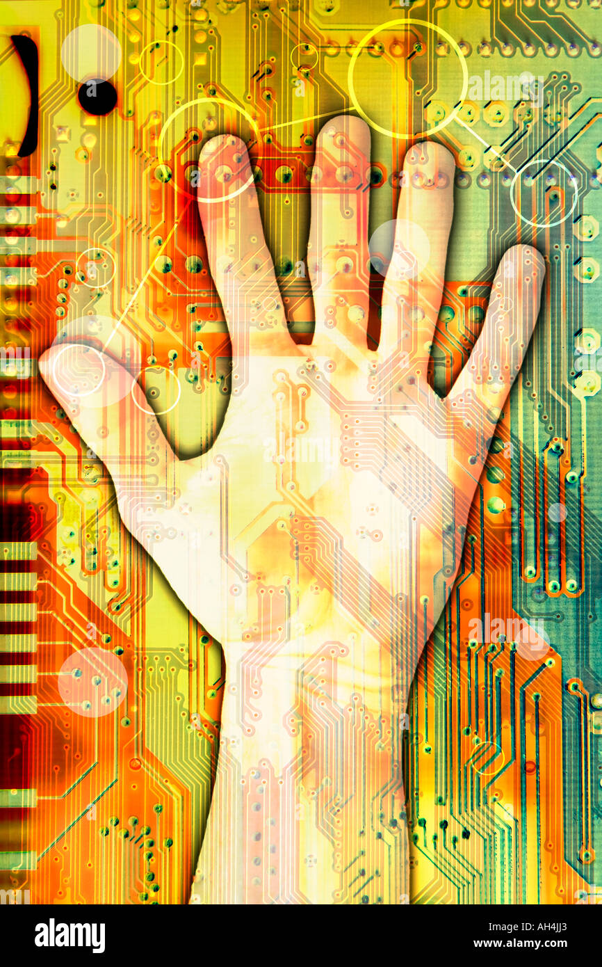Photo-illustration / composite of a hand and circuit board Stock Photo ...