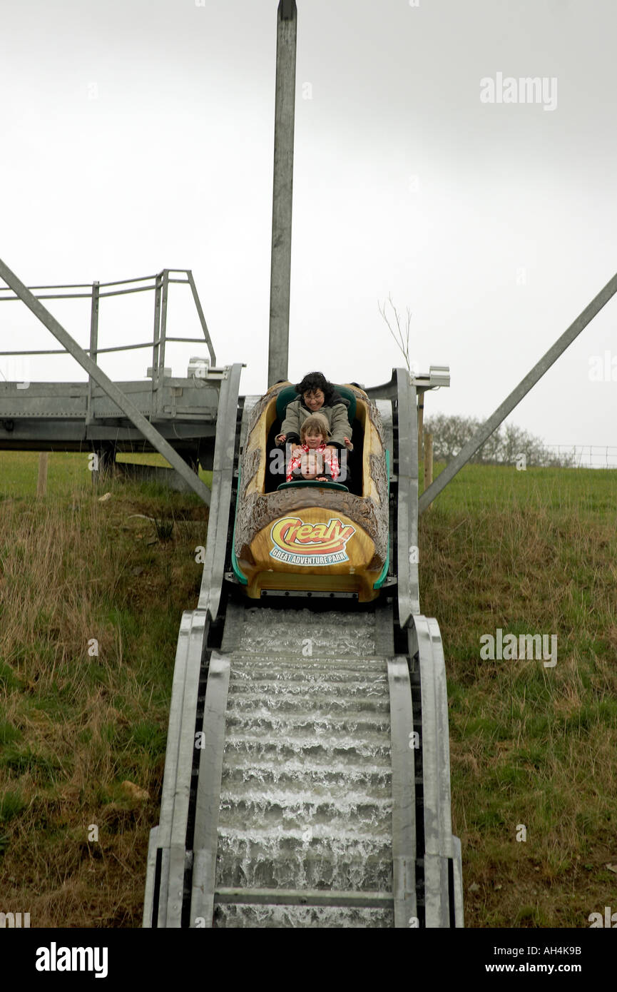 People looking excitied and terrified in water flume ride in Crealy ...
