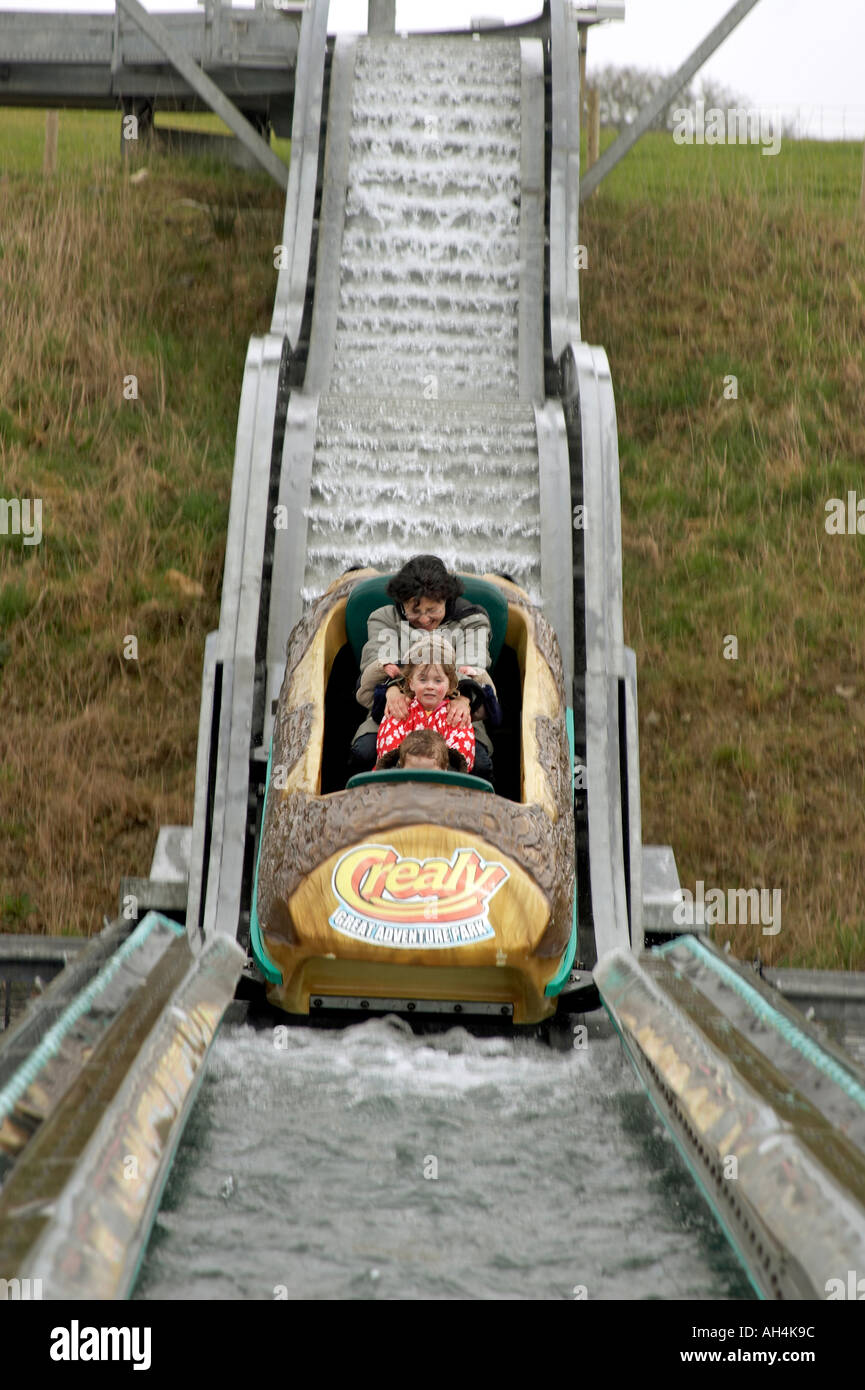People looking excitied and terrified in water flume ride in Crealy ...