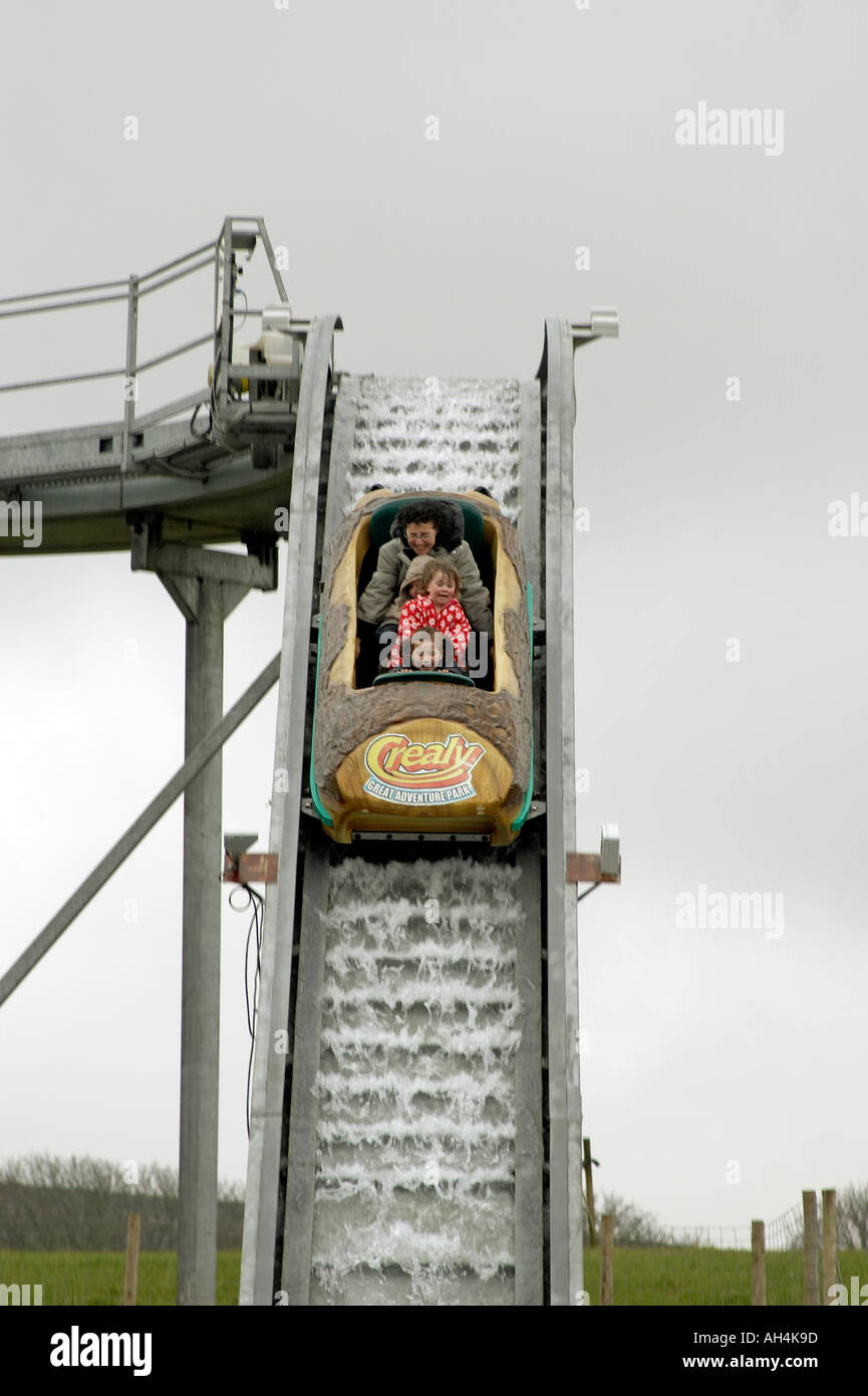 People looking excitied and terrified in water flume ride in Crealy ...