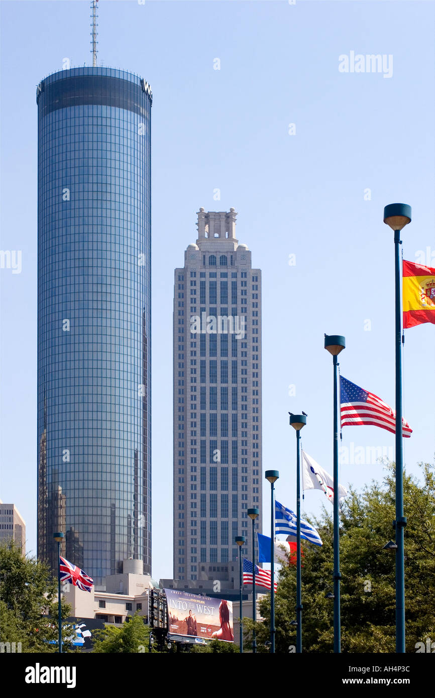 Atlanta buidling towers with rows of flags view from Centennial Olympic ...