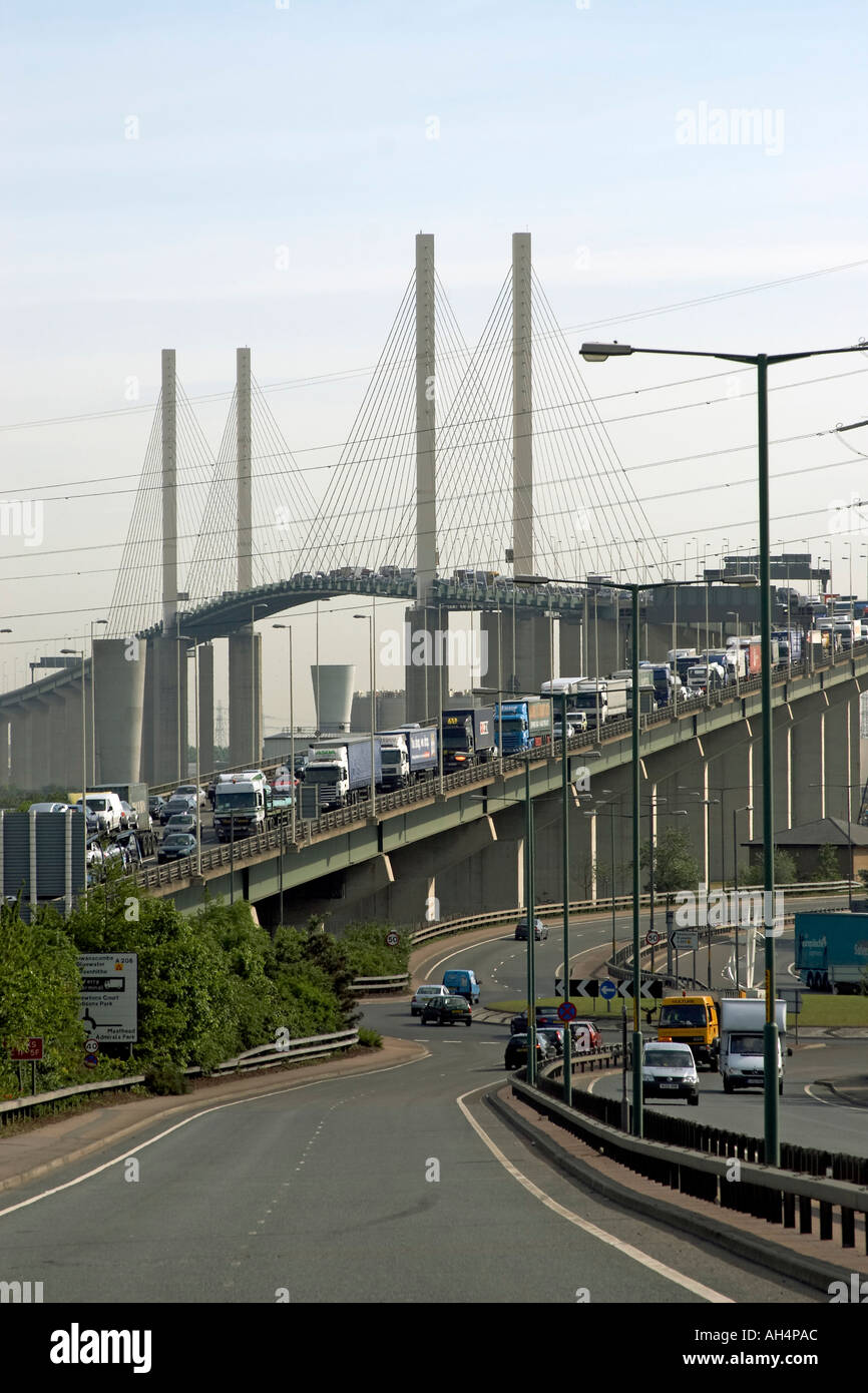 Morning rush hour traffic on Queen Elizabeth 2 cable stay Bridge from ...