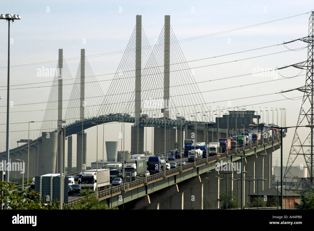 Morning rush hour traffic on Queen Elizabeth 2 cable stay Bridge from ...