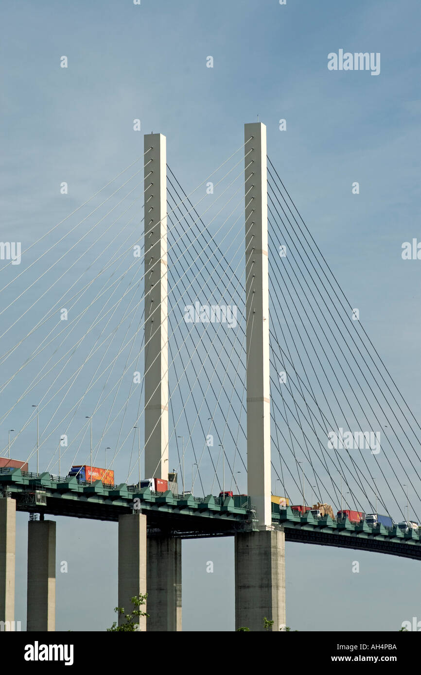 Morning rush hour traffic beneath towers on Queen Elizabeth 2 cable ...