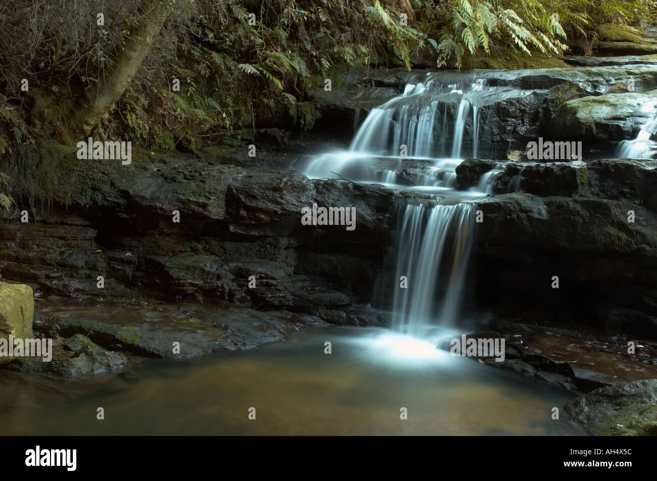 Beautiful flowing creek fall color landscape with small waterfall hi ...