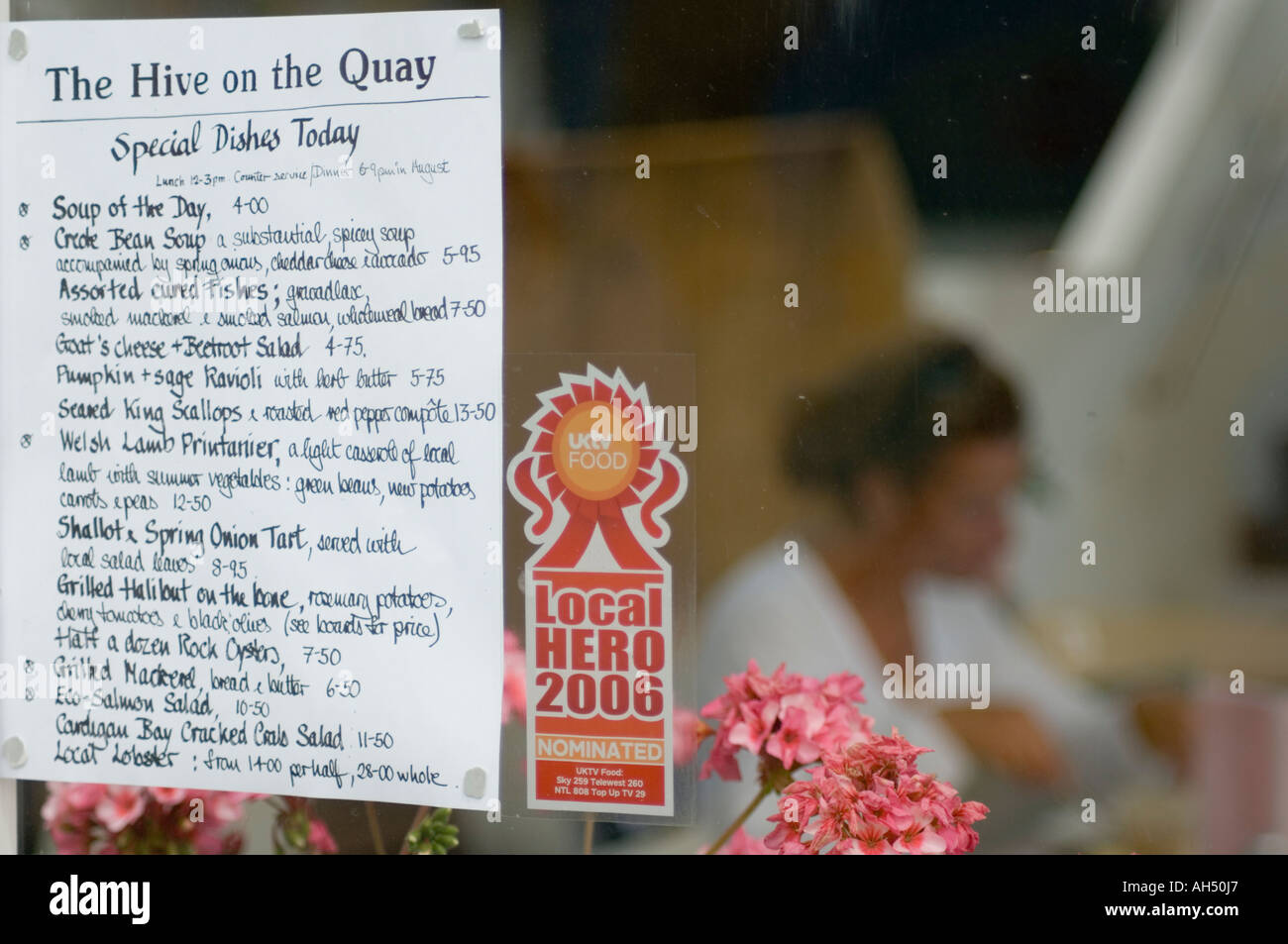 The Hive on the Quay restaurant menu in window Aberaeron Ceredigion ...