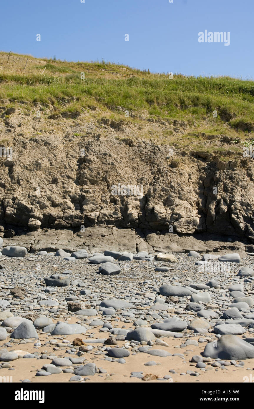 Exposed cliff showing clay and glacial rubble Traethgwyn Beach, between ...