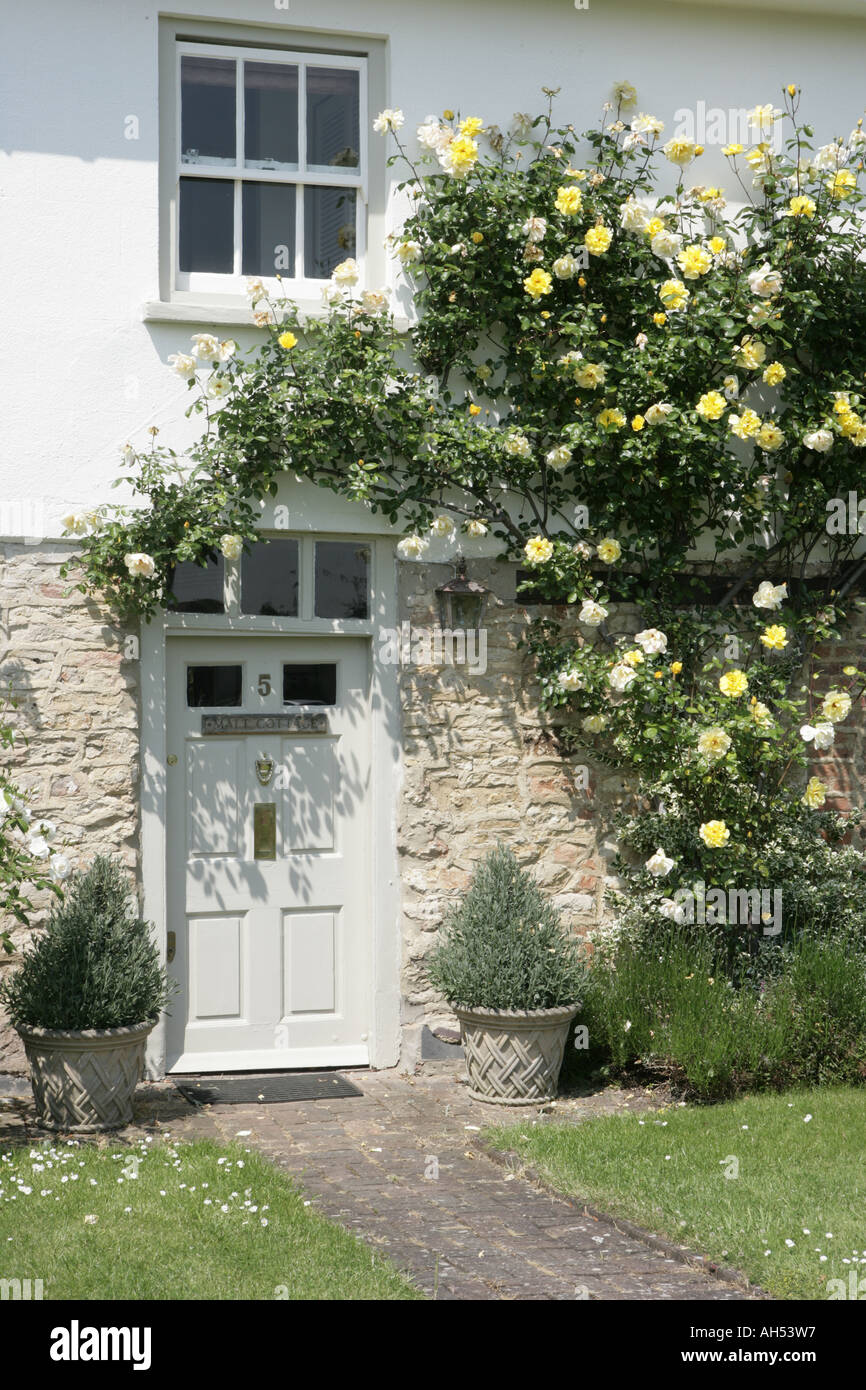 A house with roses around the front door in the village of Haddenham ...
