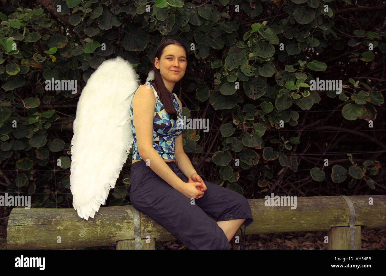 angel series angel seated sitting on low fence 2125 Stock Photo - Alamy