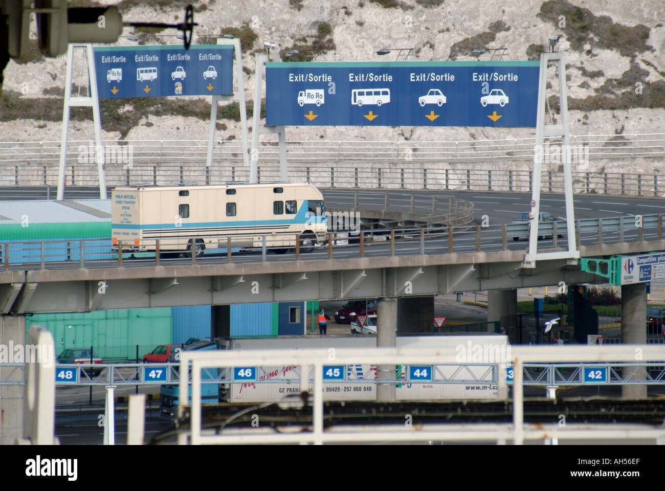 Port of Dover dock white cliffs Exit Sortie route signs horsebox lorry ...