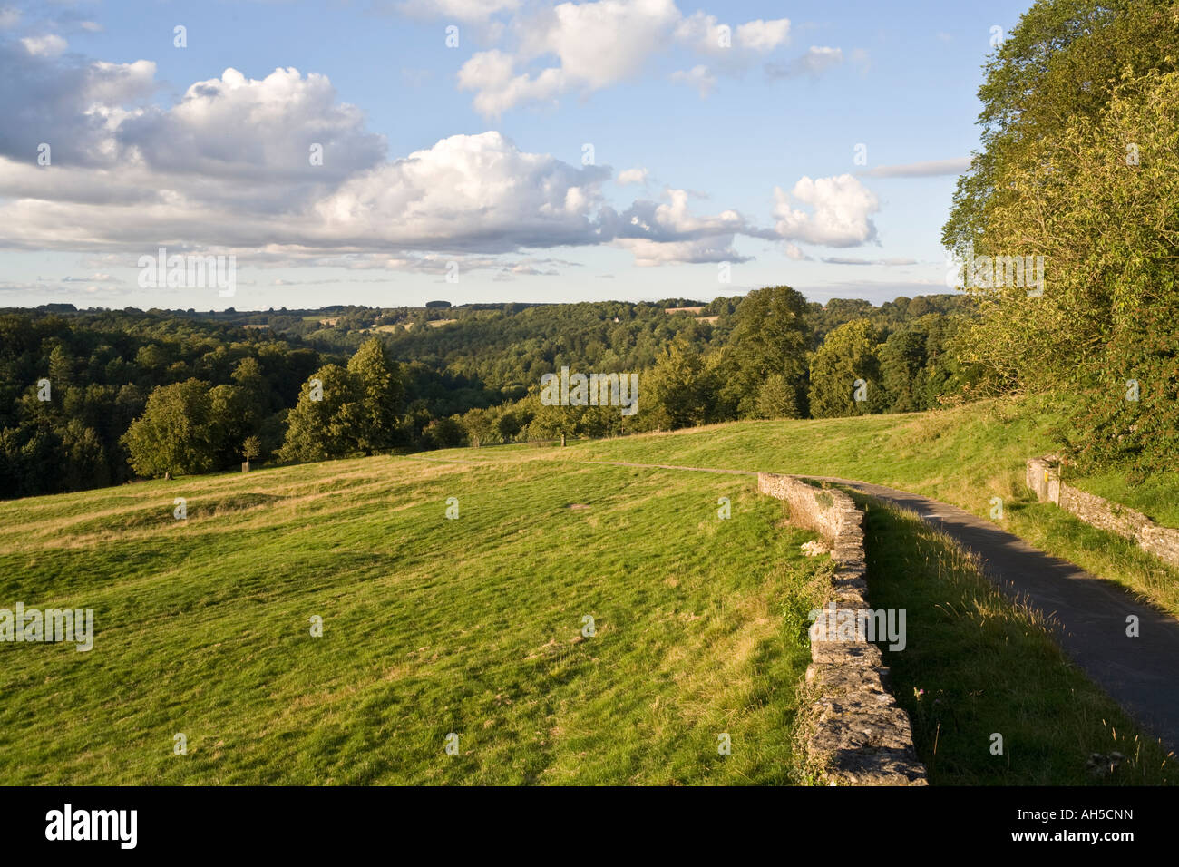 Evening sunlight in Misarden Park in the Cotswold village of Miserden ...