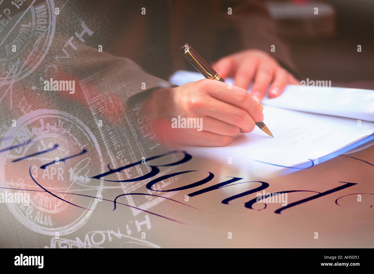 Business hand signing documents with montage of Bonds Stock Photo - Alamy